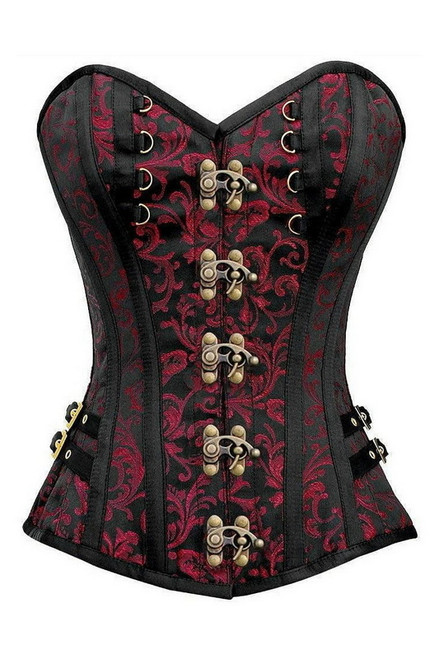 Top Drawer Black And Red Swirl Brocade Steel Boned Overbust Buckle Corset