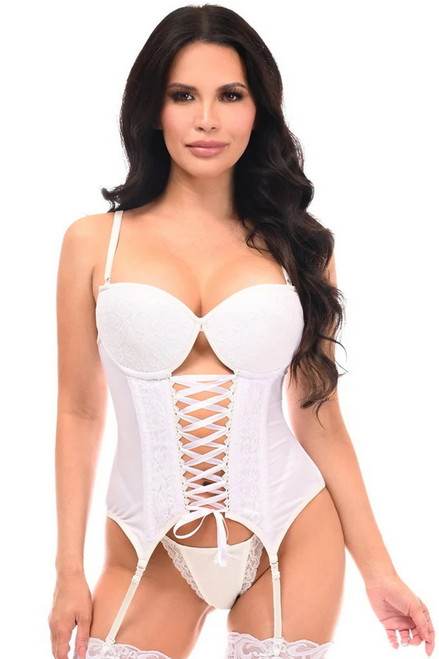 Plus Size Lavish White Lycra Lace Up Gartered Bustier Corset Spicy