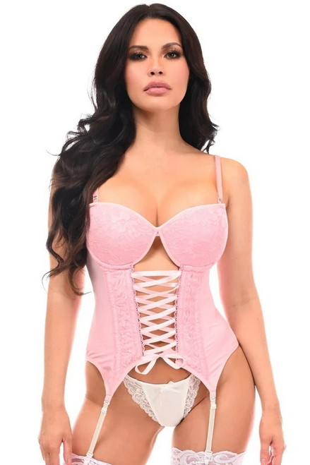 Lavish Light Pink Lycra Lace Up Gartered Bustier Corset Spicy Lingerie