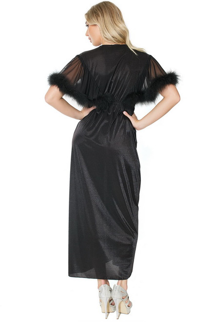 Black Mesh & Marabou Full Length Robe- Spicy Lingerie