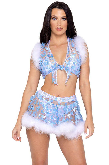 Butterfly Marabou Blue Sheer Top Spicy Lingerie