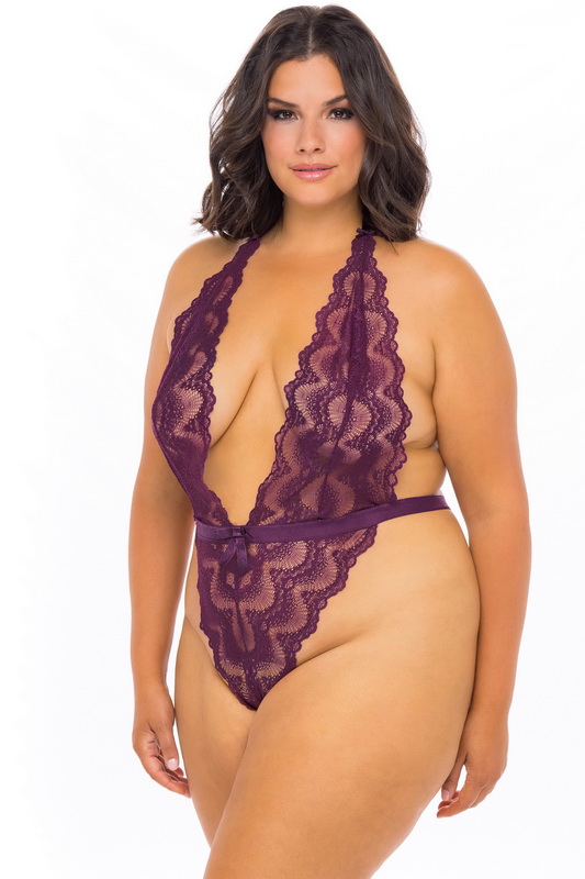 Plus Size Purple Alessa Plunging Lace Lingerie Teddy Spicy Lingerie