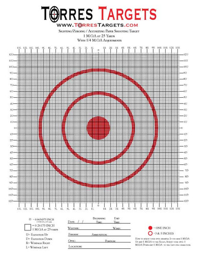 25 Yard MOA Paper Shooting Target With 1/4 MOA Adjustments 8.5x11 inches