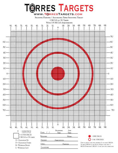 36 Yard MOA Paper Shooting Target With 1/4 MOA Adjustments 8.5x11 inches