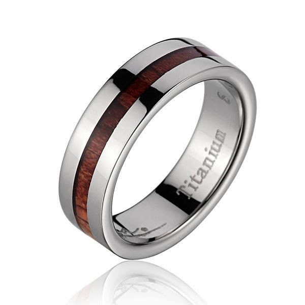 Omicron Genuine Hawaiian Koa Wood Inlaid Titanium Wedding Ring ...