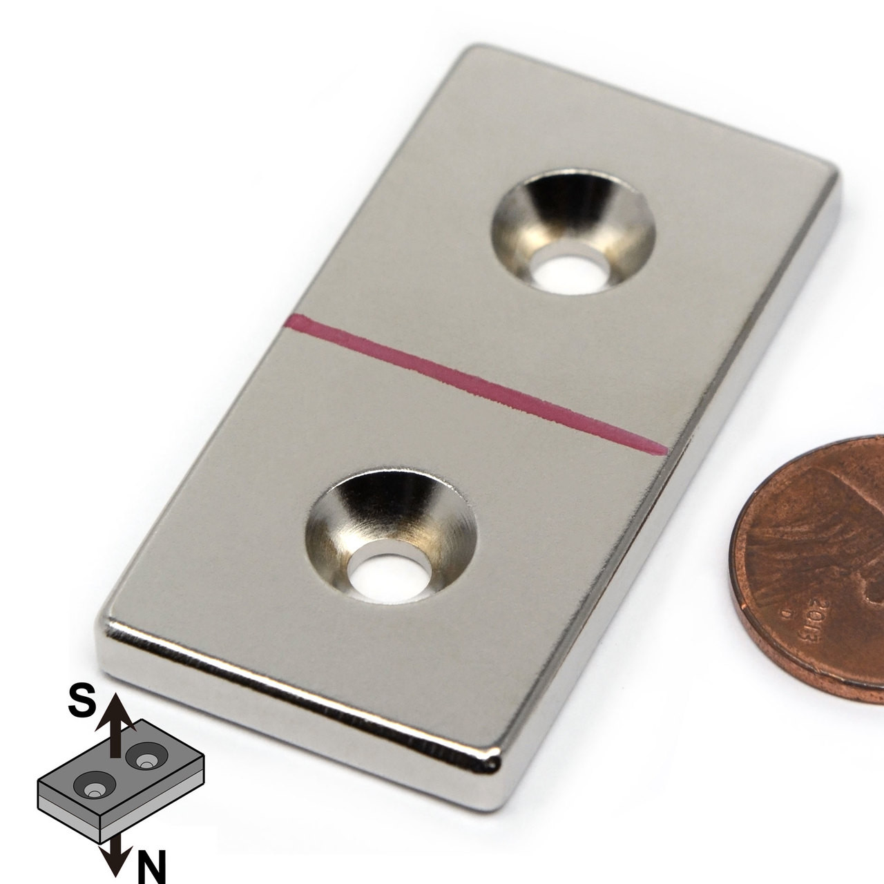 N45 Neodymium Block Magnet – 2x1x3/16 – 28 lb Pull w/Countersunk