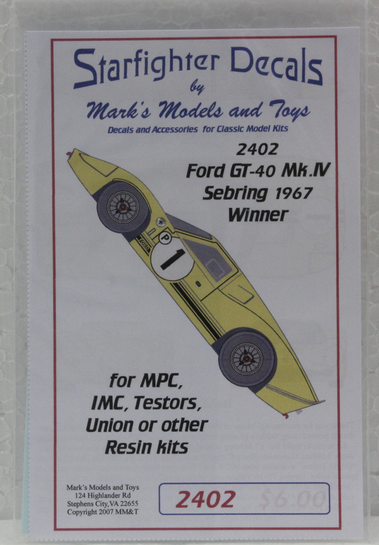 SFD2402 Starfighter Decals Ford GT40 MK IV 1967 Sebring Winner 1:24 ...