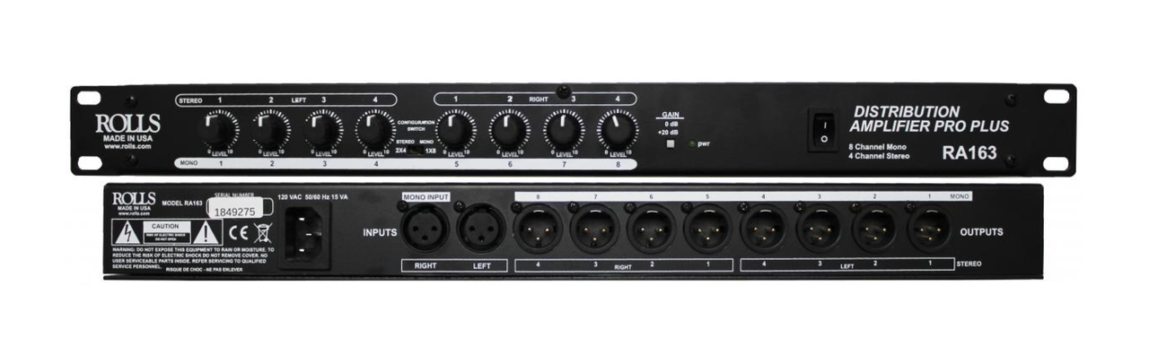 Rolls RA163 1x8 (mono)- 2x4 (stereo) Distribution Amplifier with XLR's