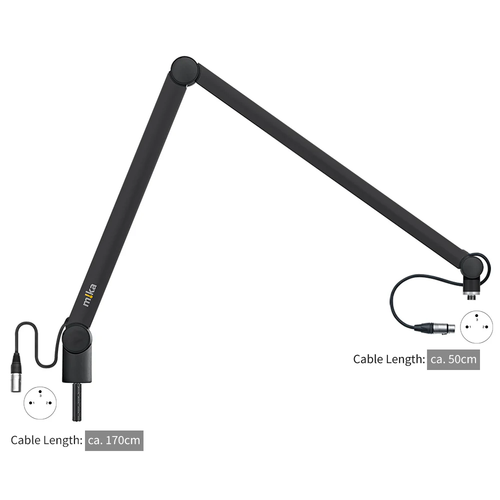Mika YT3701-XLR Mic Arm, Black no LED, Extra Long (42"), Installed XLR's
