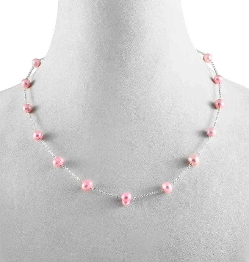 Pink Freshwater Pearl Necklace in Rhodium over Sterling Silver 18"