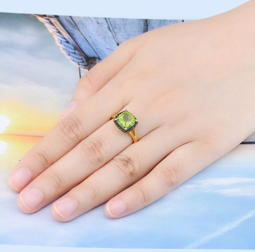 Peridot and Black Spinel Halo Ring in 18K Yellow Gold over Sterling ...