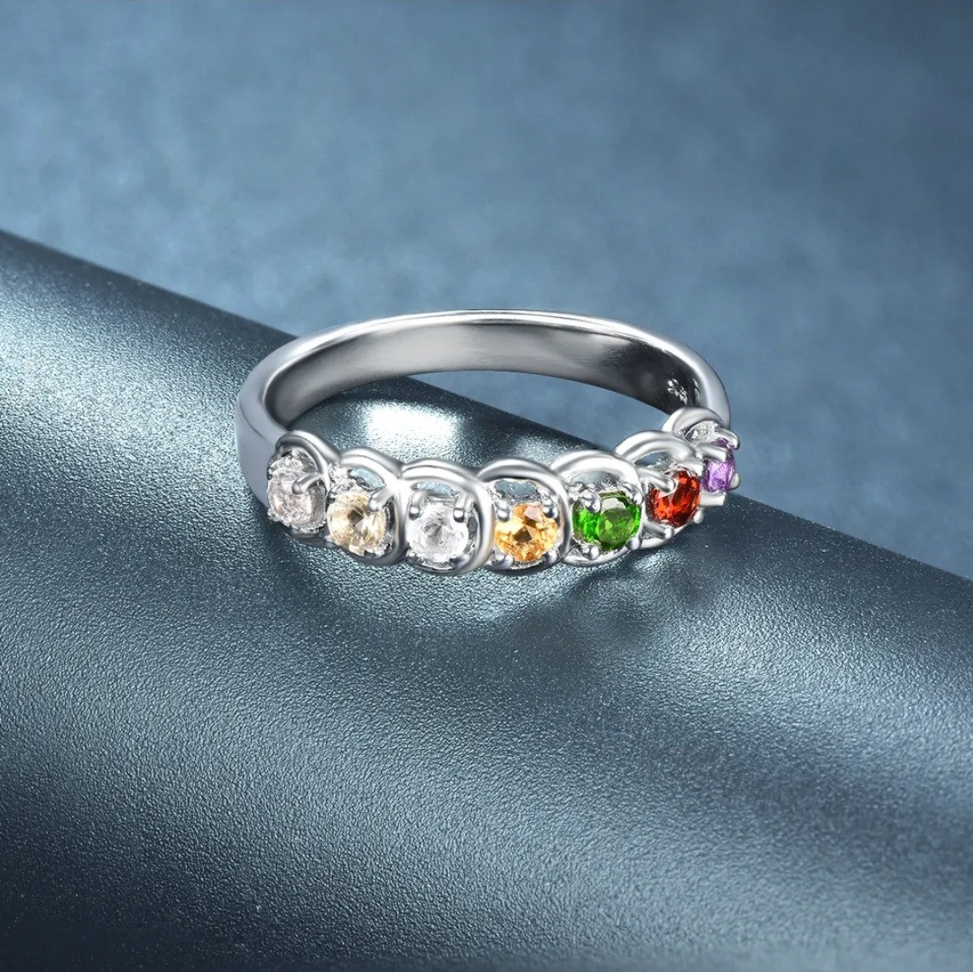 Multi Gem Seven Stone Band Ring in Rhodium over Sterling Silver 0.60ctw ...
