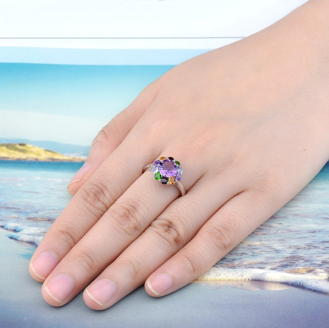 Amethyst & Multi Gemstone Halo Ring in Rhodium over Sterling Silver ...