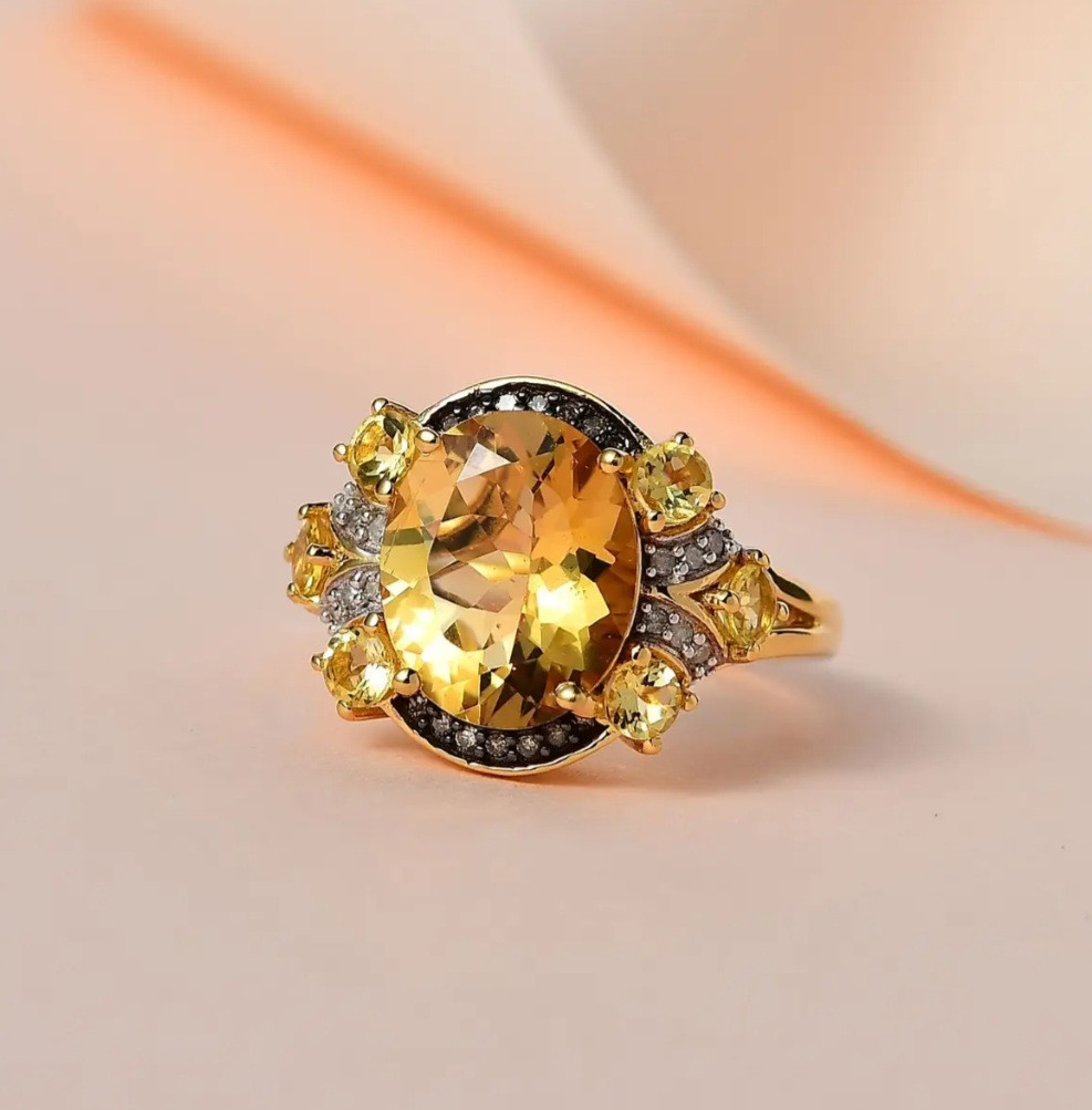Heliodor Ring with Champagne & White Diamonds in 18K Yellow Gold over ...