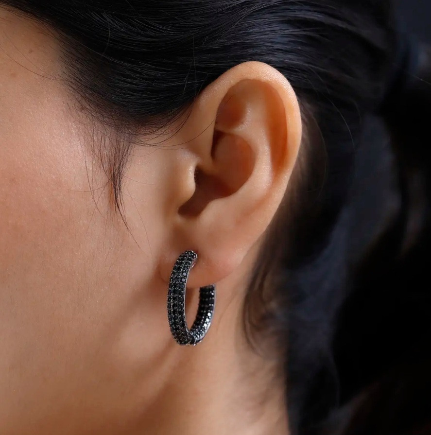 Black Spinel Inside Out Hoop Earrings in Rhodium over Sterling Silver 3 ...