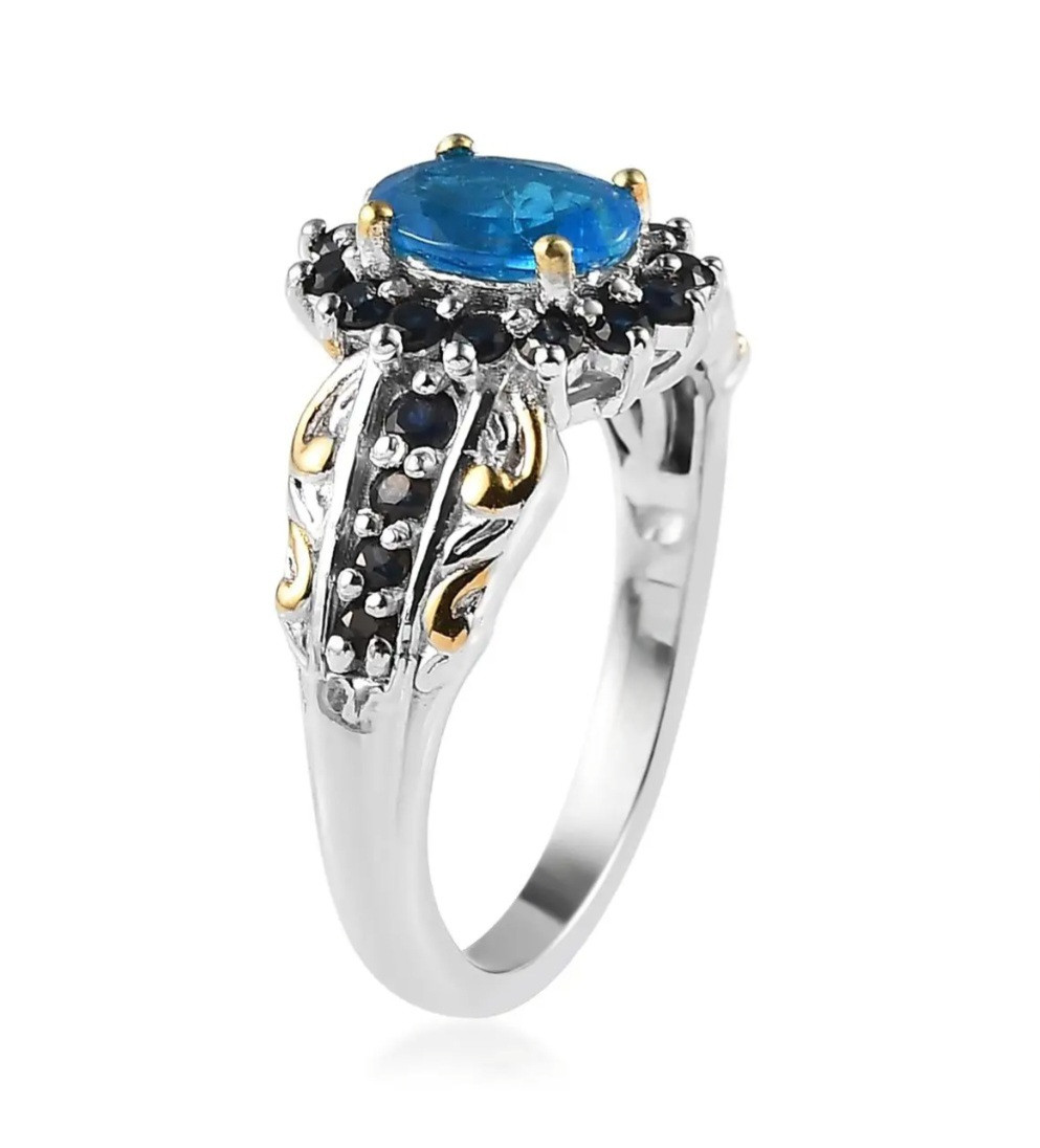 Neon Blue Apatite and Sapphire Ring in 18K Yellow Gold & Rhodium over ...