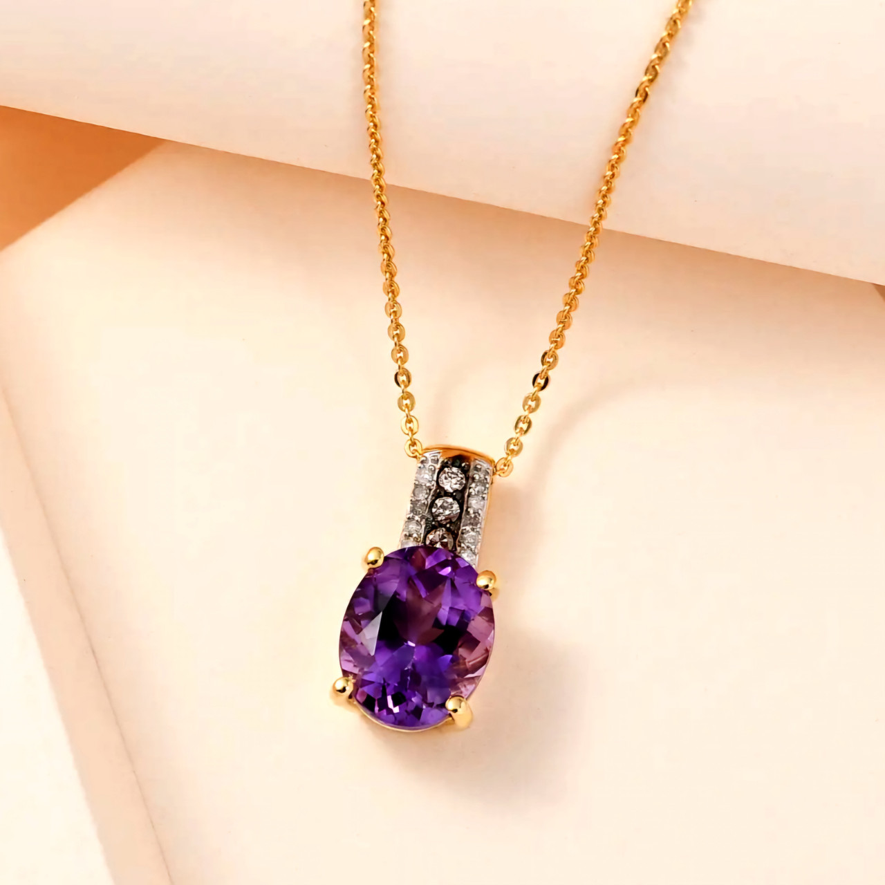 Amethyst, Champagne & White Diamond Pendant Necklace in 18K Yellow Gold ...