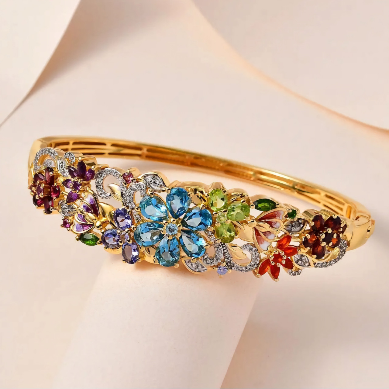 Multi Gemstone Flower Cluster Bangle Bracelet in 18K Yellow Gold over ...