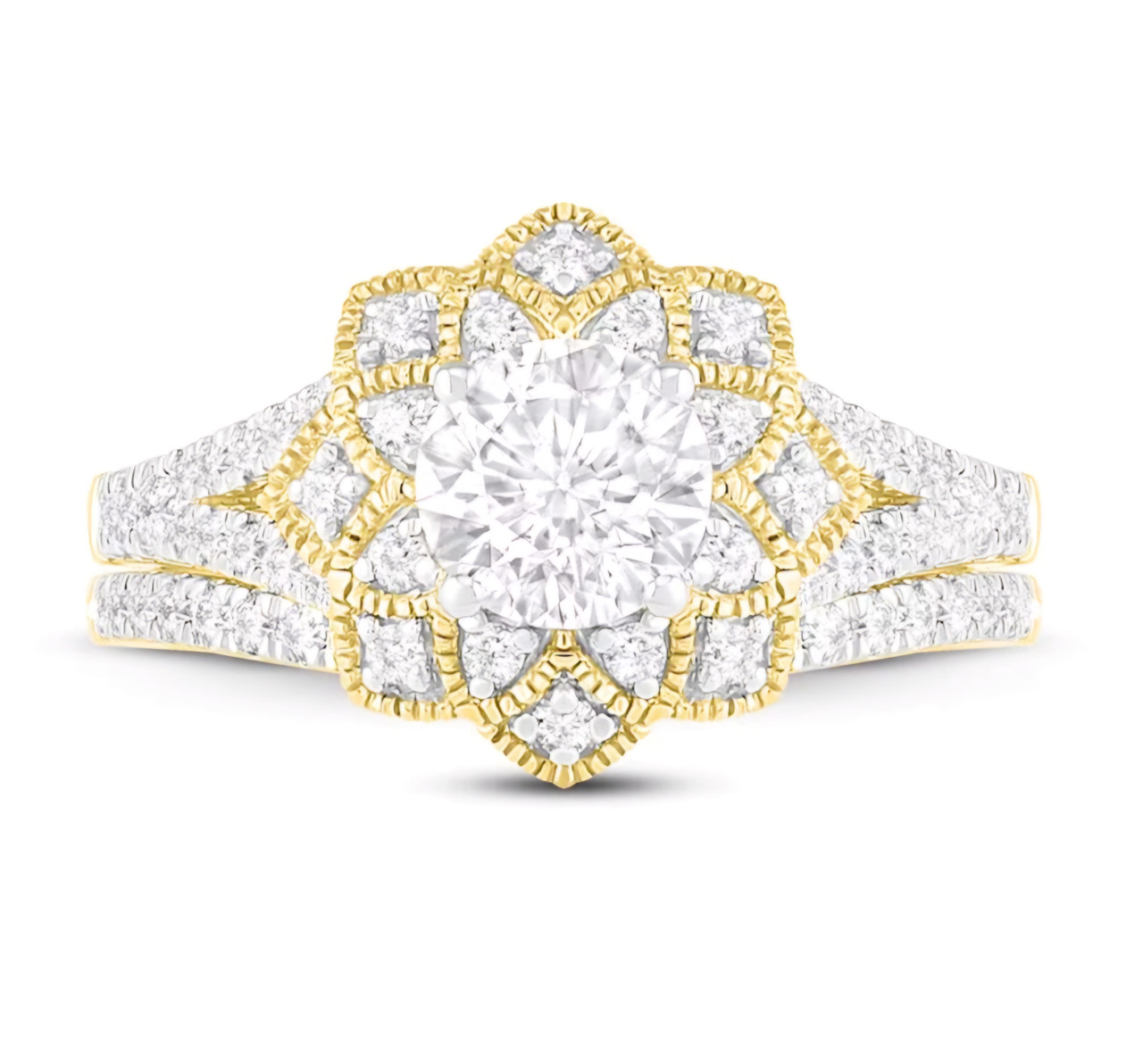 Round Halo Diamond Two Ring Wedding Set in 14K Rose Gold 1.20ctw