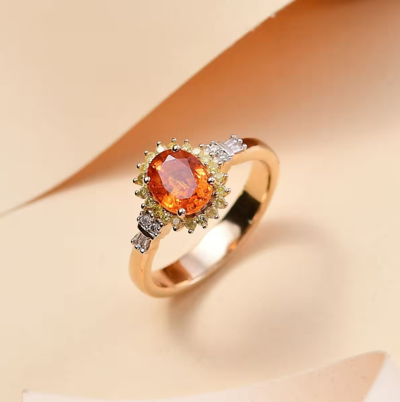 Spessartine Garnet, Yellow & White Diamond Halo Ring in Solid 14k ...