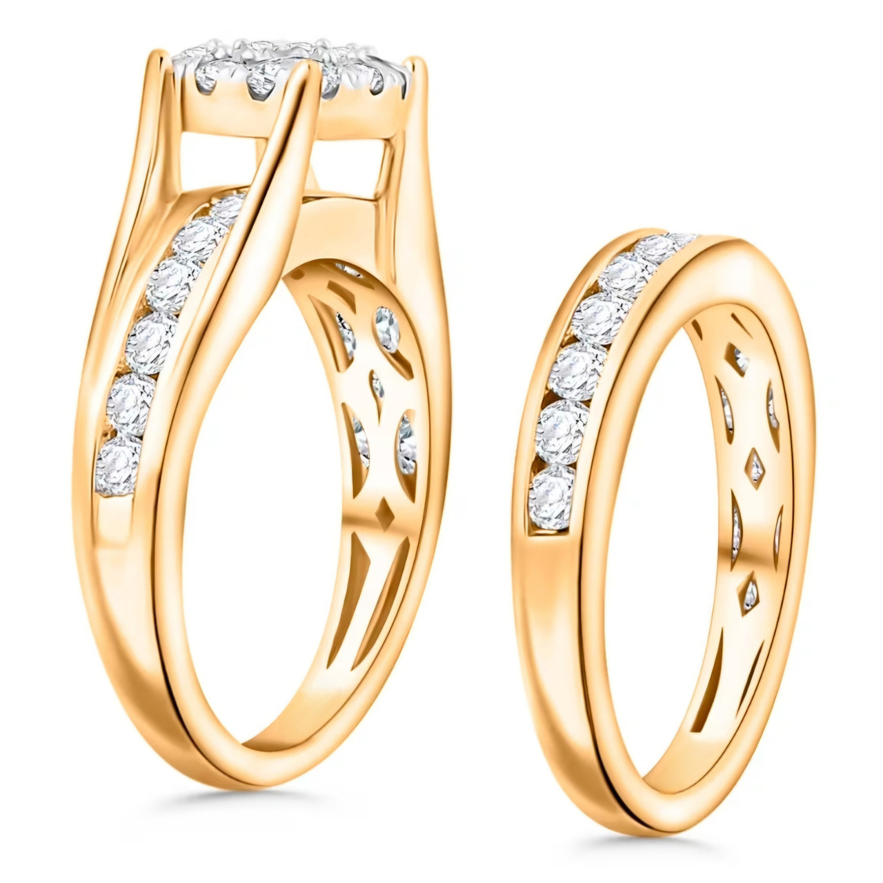 Natural White Diamond Halo Bridge Wedding Ring Set in 14k Yellow Gold 2 ...