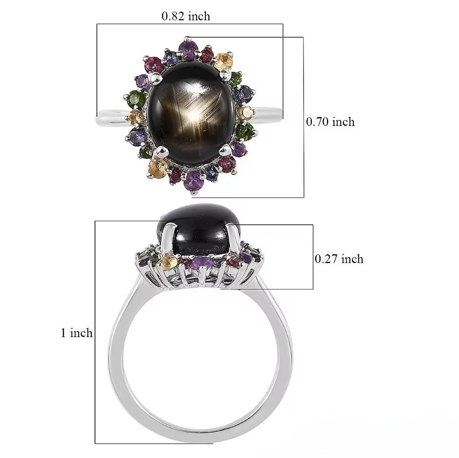 Black Star Sapphire & Multi Gem Halo Ring in Rhodium over Sterling ...