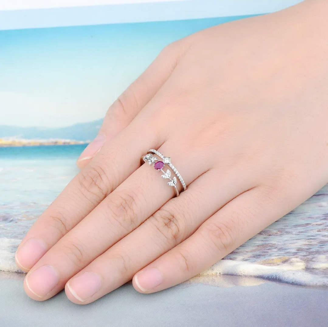 Ruby & White Zircon Double Band Ring in Rhodium over Sterling Silver 0 ...