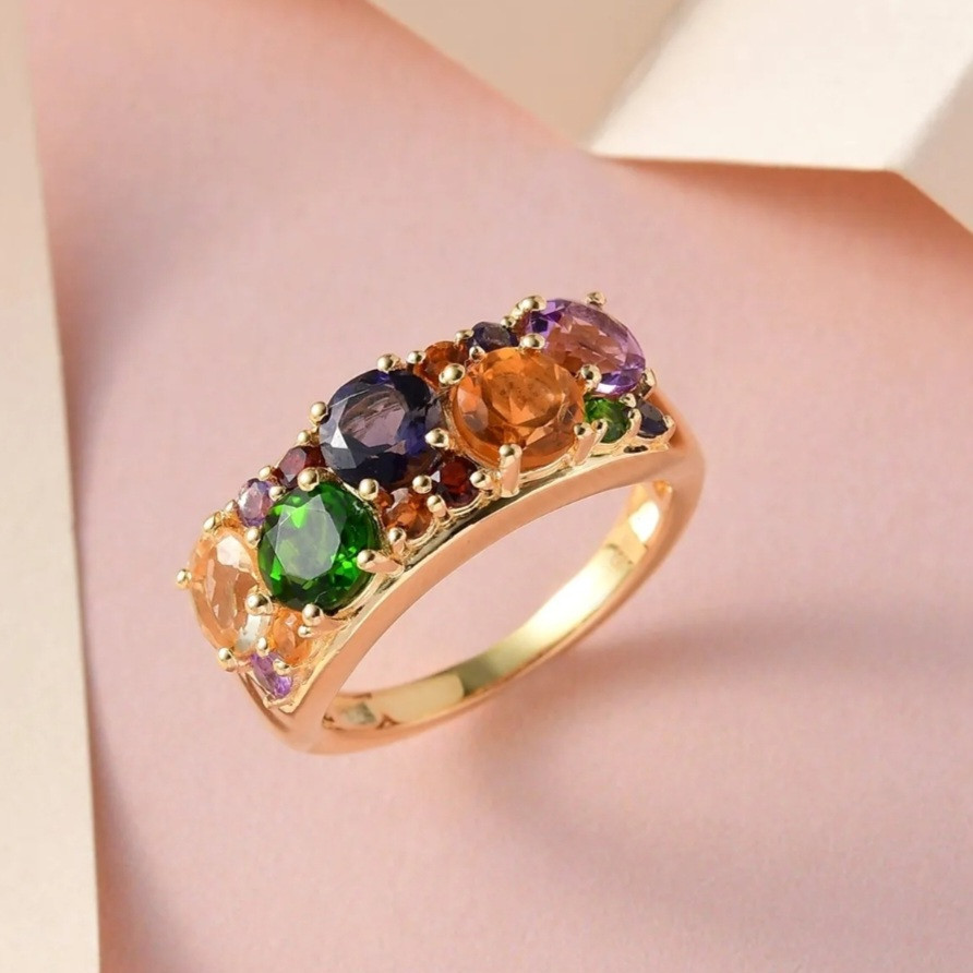 Multi Gemstone Band Ring in 18K Yellow Gold over Sterling Silver 2.65ctw