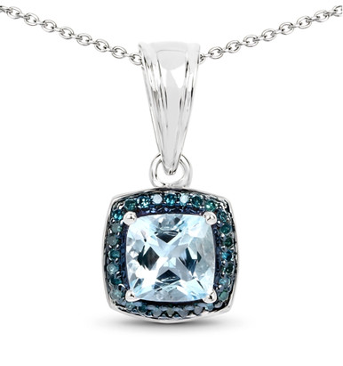 Aquamarine & Blue Diamond Cushion Halo Pendant Necklace in Rhodium over ...