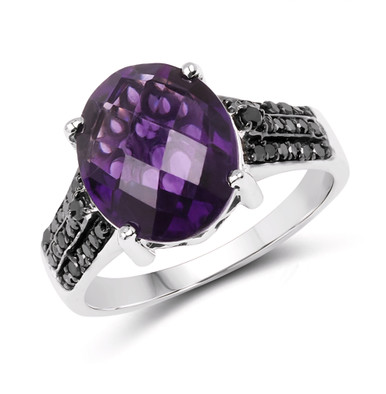 Amethyst & Black Diamond Ring in Rhodium over Sterling Silver 4.00ctw ...