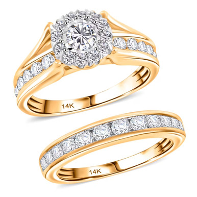 Natural White Diamond Halo Bridge Wedding Ring Set in 14k Yellow Gold 2 ...