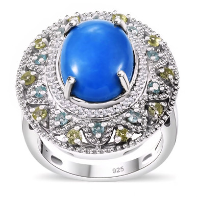 Ceruleite & Multi Gemstone Halo Cocktail Ring in Rhodium over Sterling ...
