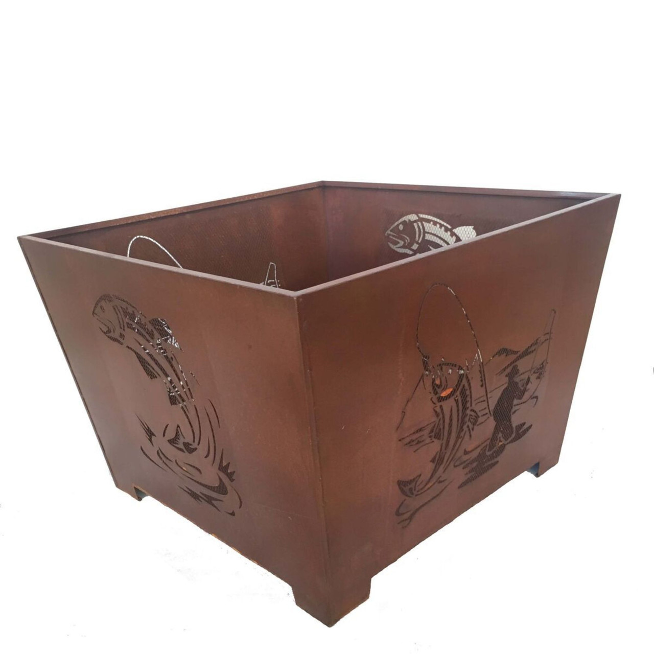 24" Brown Rustic Finish Fisherman Square Outdoor Fire Basket ...