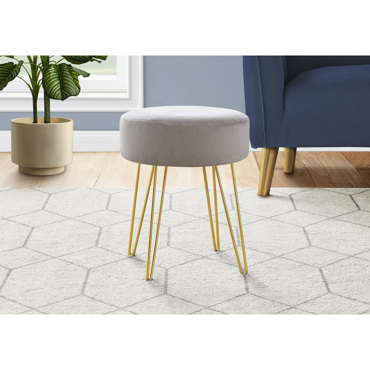 16" Gray & Gold Decorative Round Shaped Ottoman with Metal Legs ...