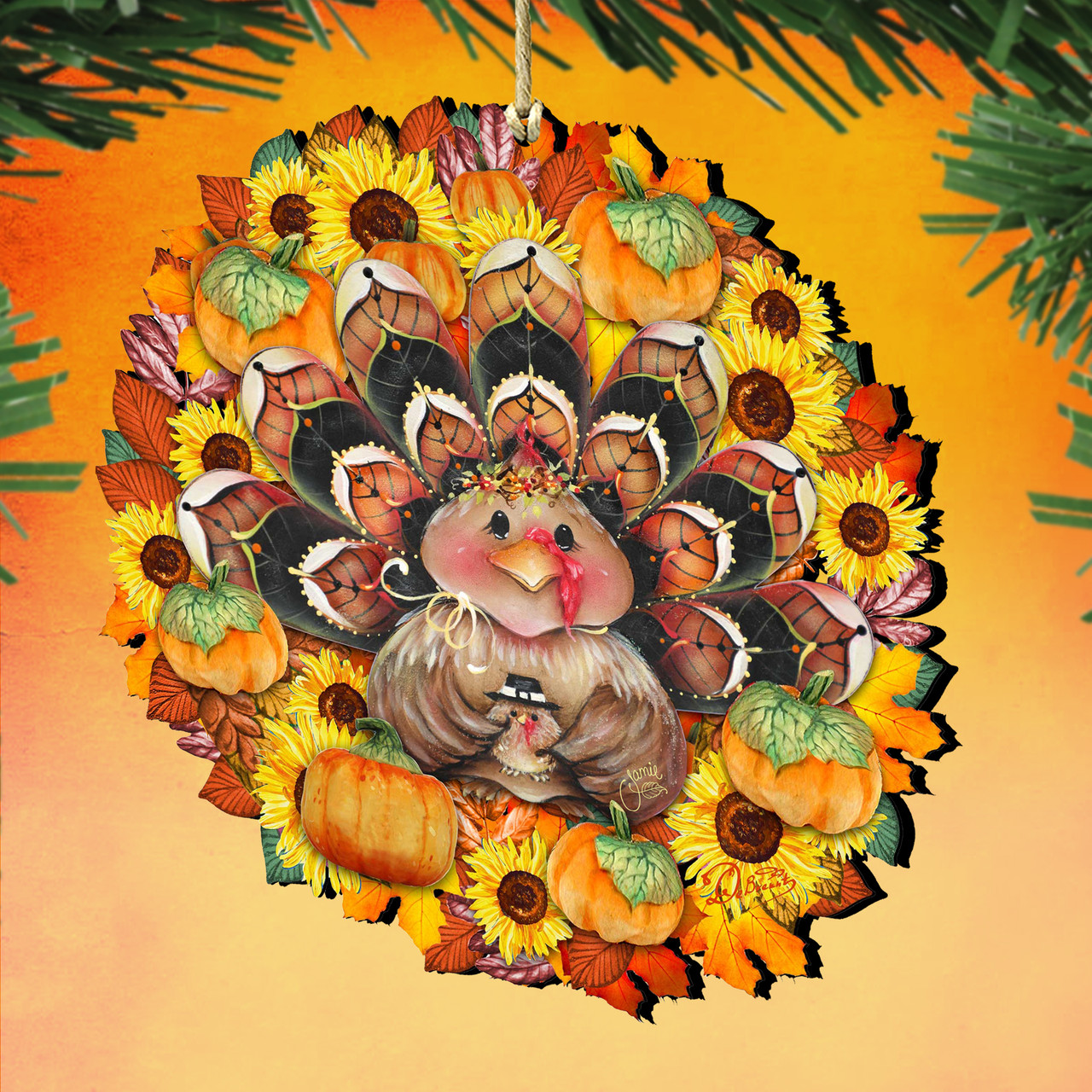 Set of 2 Turkey Flower Wreath Fall Harvest Wooden Ornaments 5.5 ...