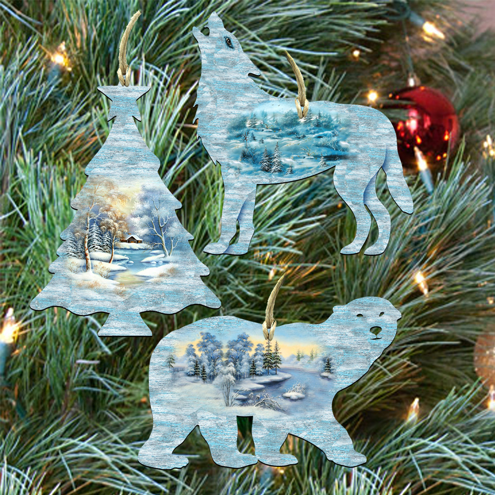 Set of 3 Snowy Christmas Tree Polar Bear & Wolf Wooden Ornaments 5.5 ...