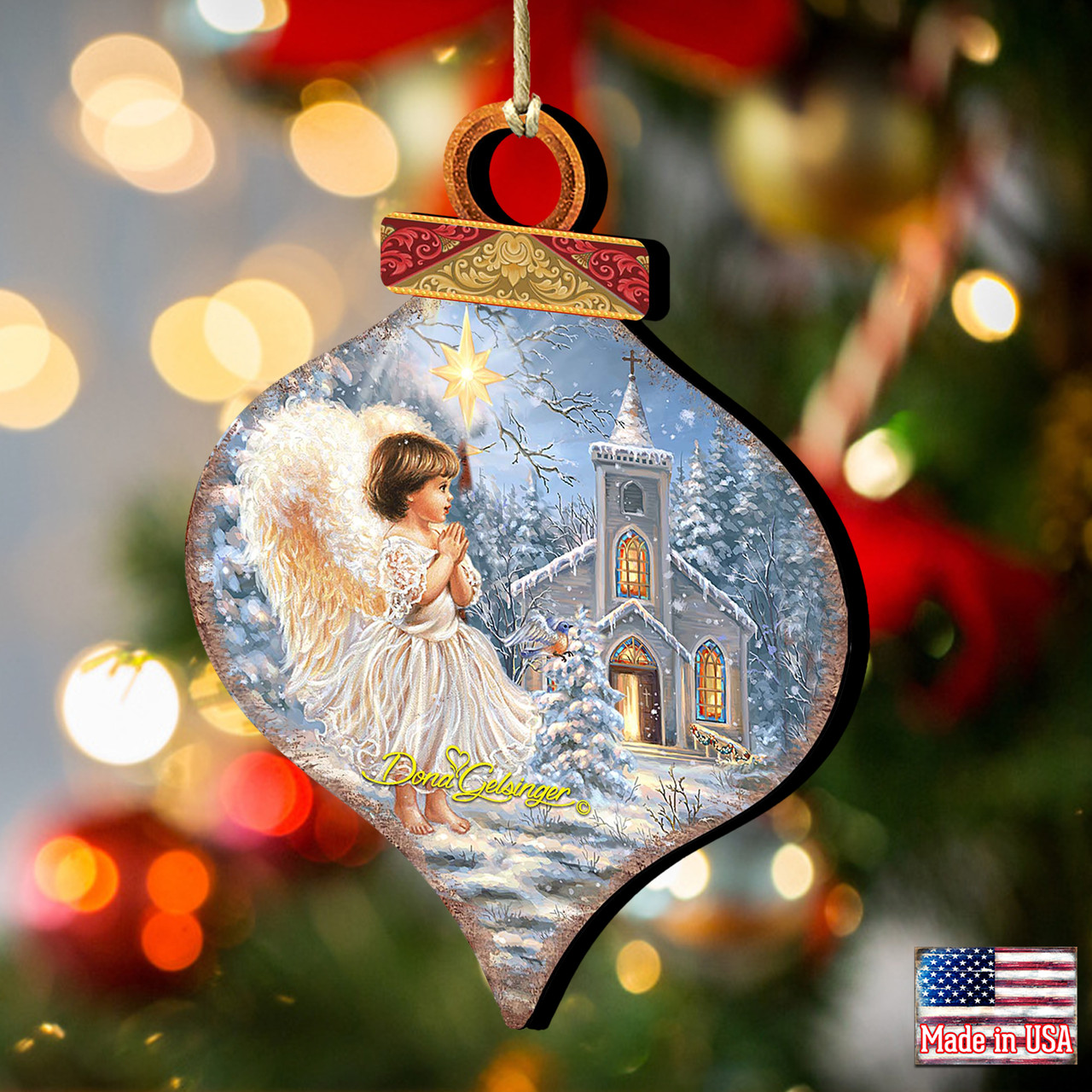 Set of 2 Angel at the Chapel Onion Shaped Wooden Christmas Ornaments 5. ...
