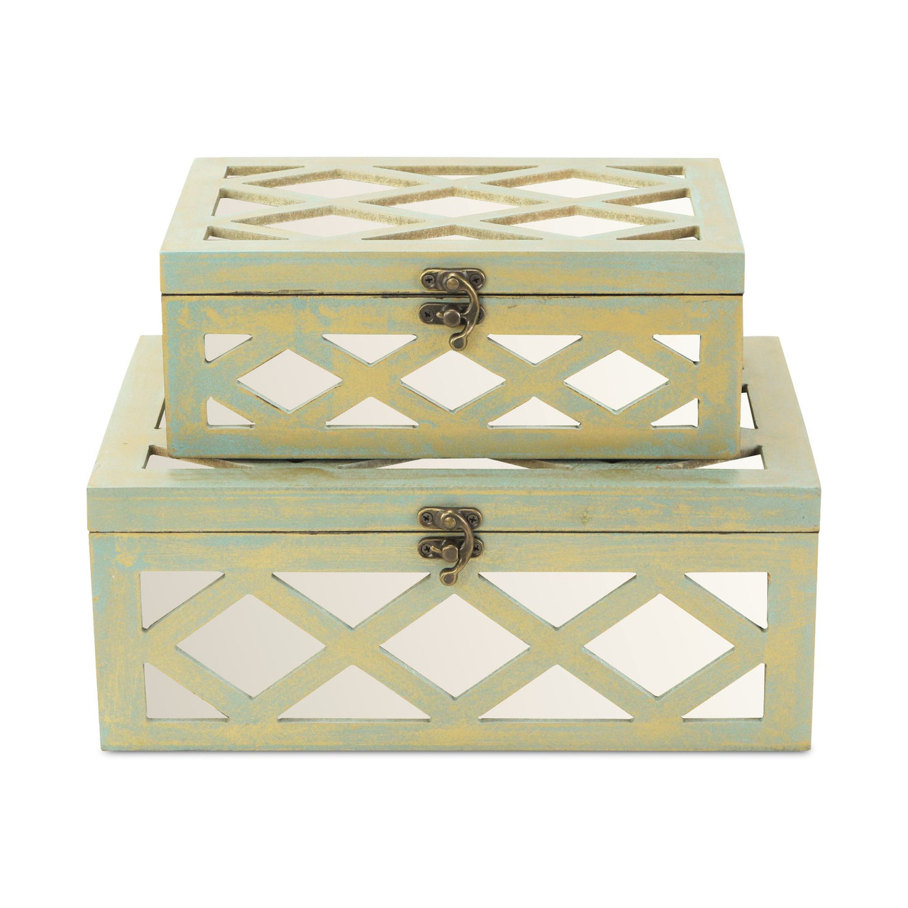 Set of 2 Gold Brushed Lattice Pattern Storage Boxes with Front & Top ...