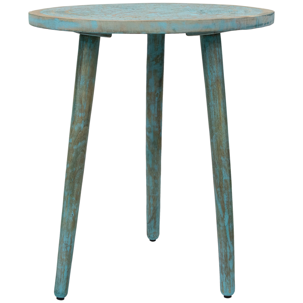 22" Antique Blue Engraved Wooden Tri Leg Round Side Table | Christmas ...