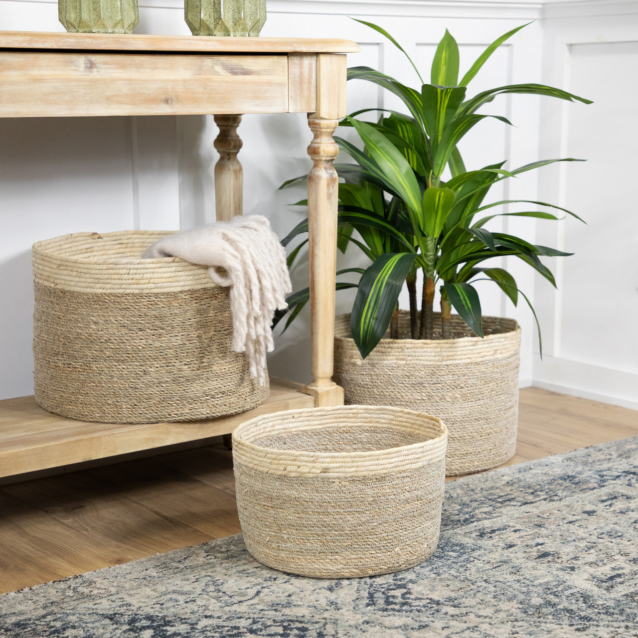 Set of 3 Twisted Weave & Zig Zag Sewn Seagrass Storage Baskets 16.5 ...