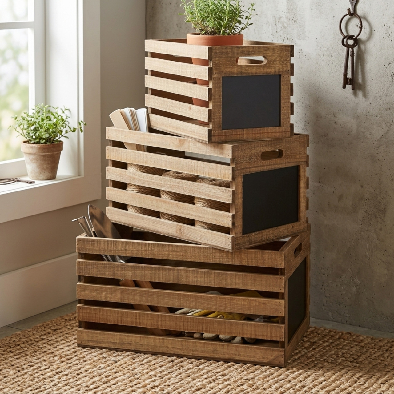 Set of 3 Natural Brown Contemporary Handcrafted Slat Crate 19.5 ...