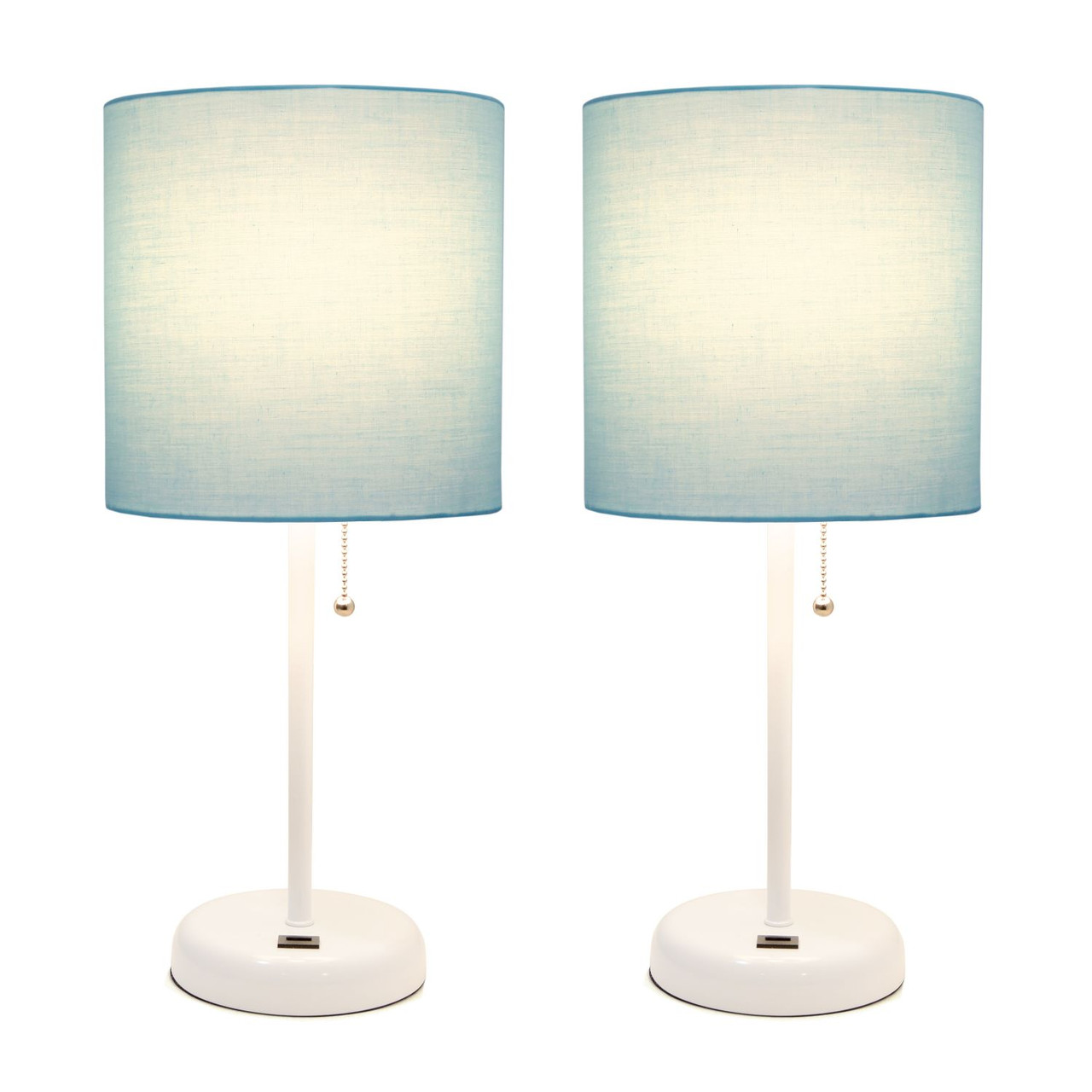 Stick Table Lamps with Round Shades - 19.5" - Blue & White - Set of 2 ...