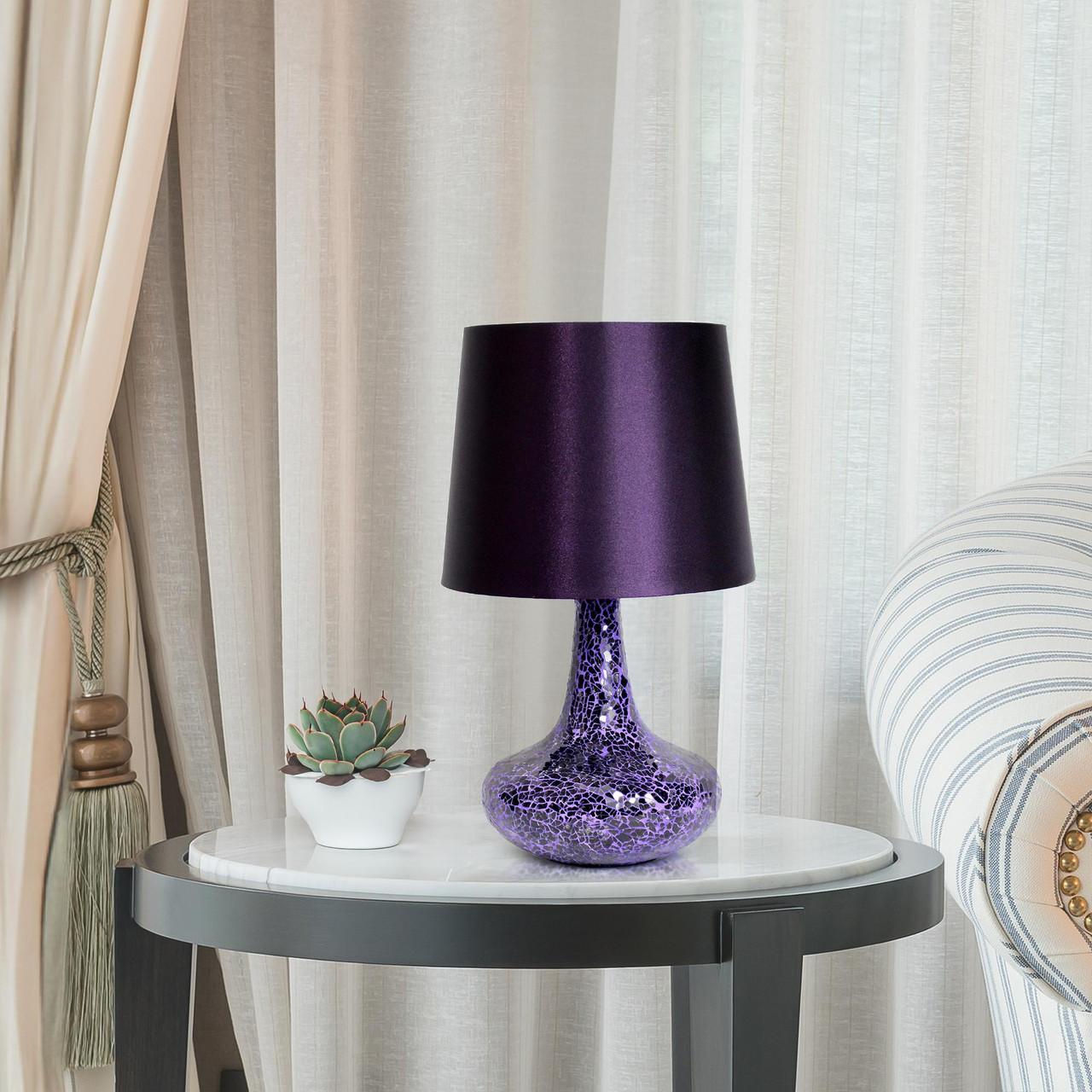 Patchwork Crystal Glass Table Lamp with Drum Shade - 14" - Purple ...