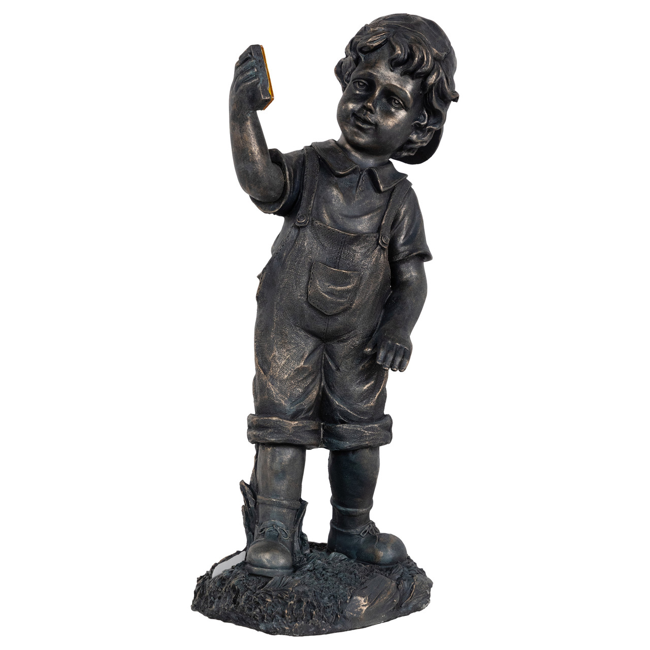 18" Black & Bronze Boy with Cell Phone Solar Powered Outdoor Garden ...