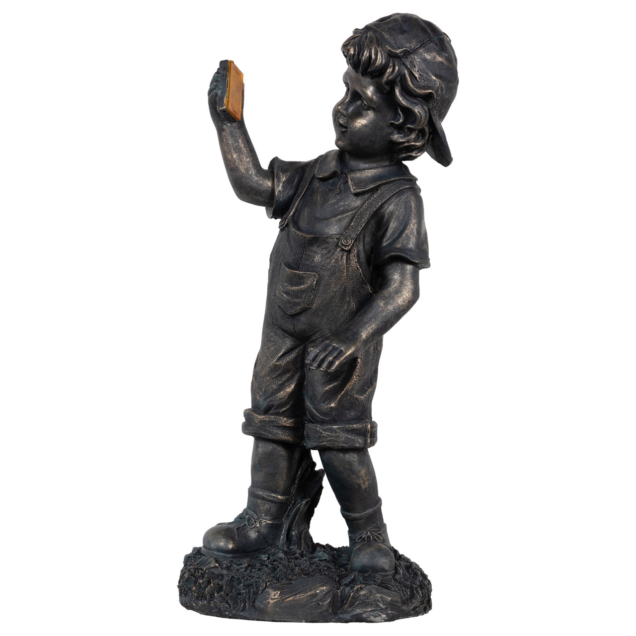 18" Black & Bronze Boy with Cell Phone Solar Powered Outdoor Garden ...