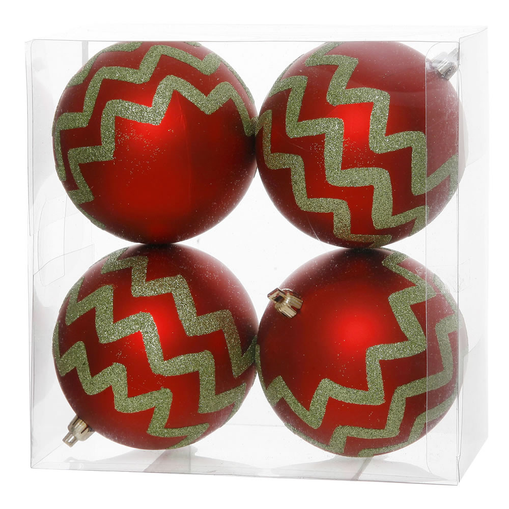 4ct Red & Lime Green Chevron Striped Shatterproof 2-Finish Christmas ...