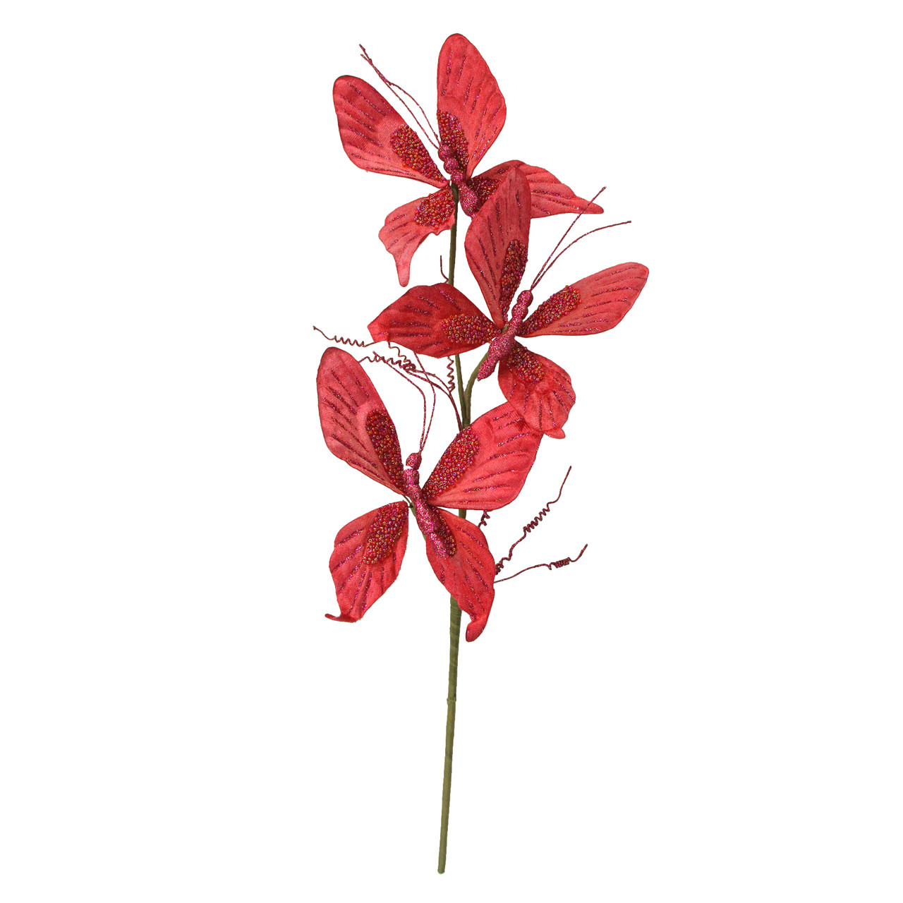 22" Red Glittered Three Butterflies with Spiral Wired Craft Pick ...