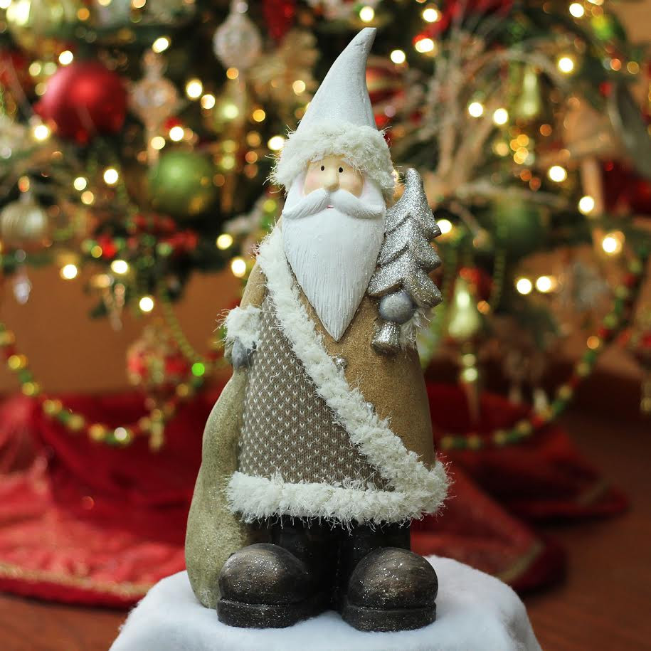 18.5" Brown & White Santa Holding Christmas Tree Tabletop Figurine ...