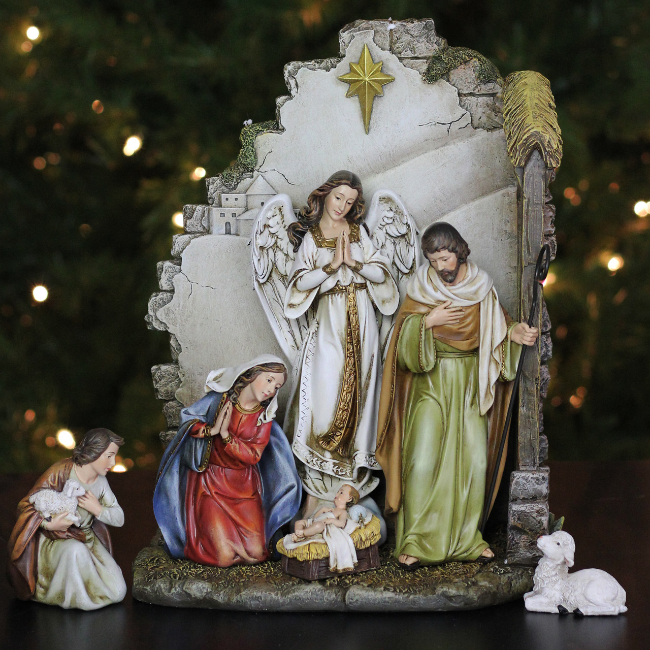 7-Piece Brown Joseph's Studio Nativity with Back Wall Christmas Table ...