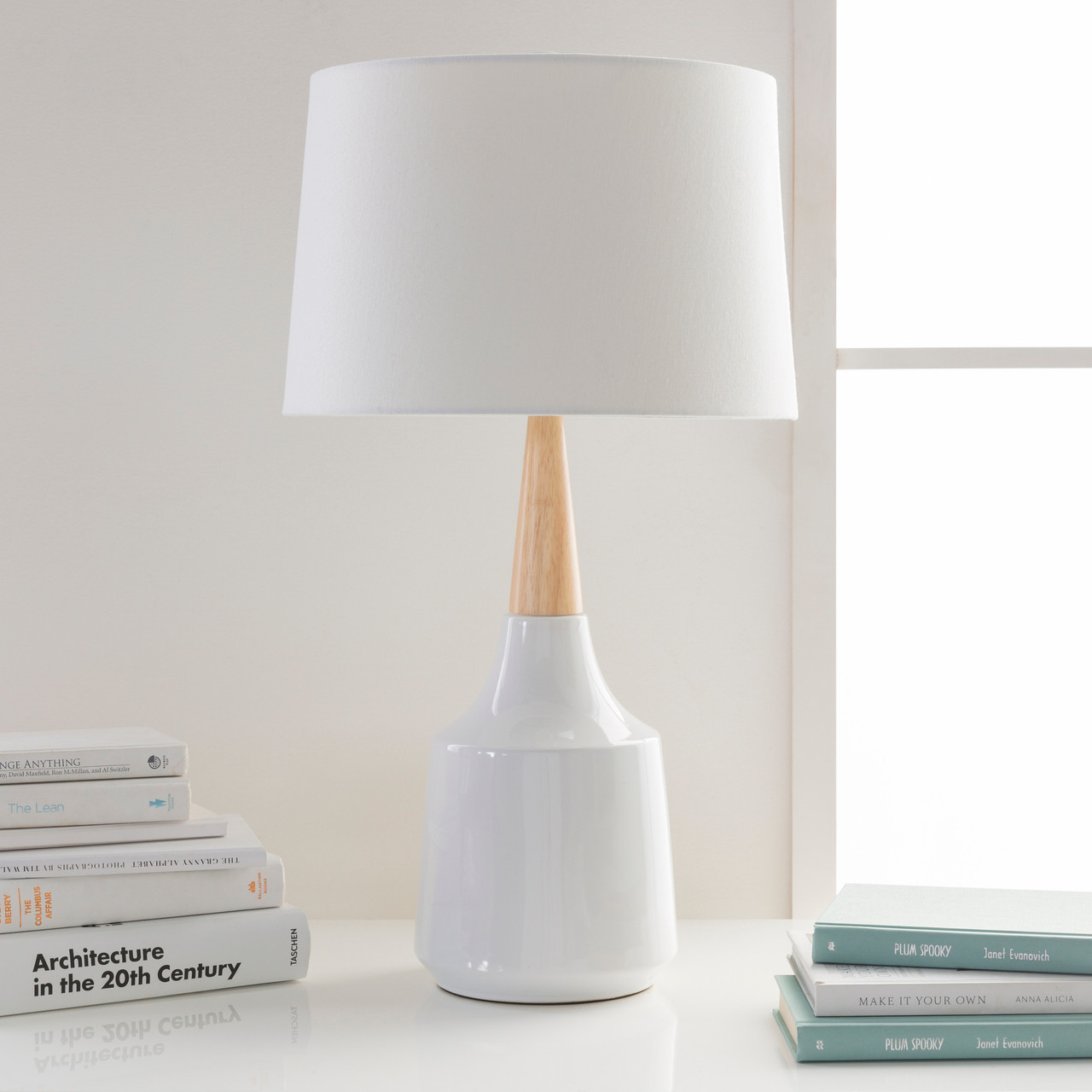 27.5" Contemporary Ivory White & Wood Table Lamp with White Barrel ...